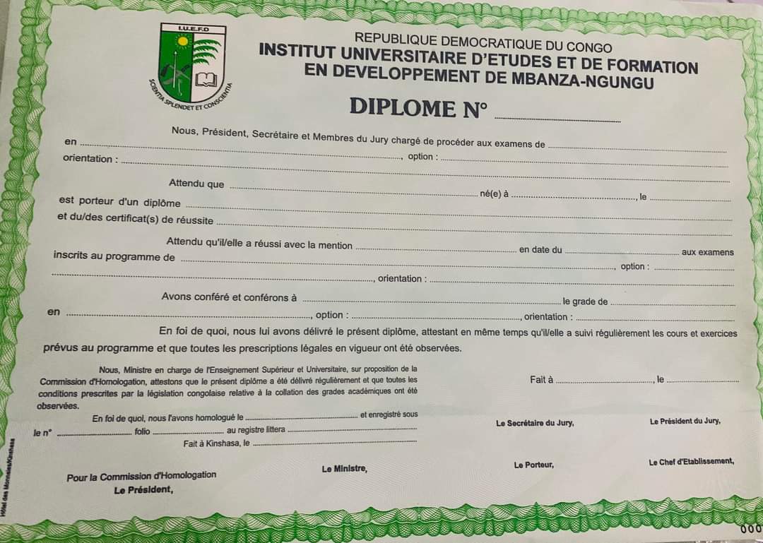Mbanza-Ngungu : l'IUEFD va procéder à la remise des diplômes dûment ...